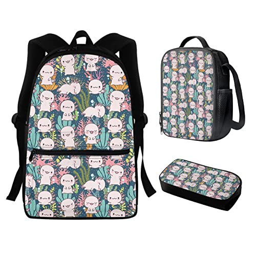 DISNIMO Axolotl Backpack for Kids Girls Boys Lightweight School Bag, Lunch Bag, Pencil Pouch, Travel Rucksack,Set of 3 Gifts for Back to School