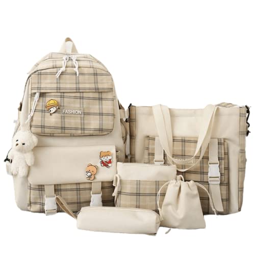 5Pcs Canvas Kawaii Backpack Combo Set with Cute Bear Pendant Pins Plaid Check Handle Shoulder Tote Daypack Bag Kit (Khaki)