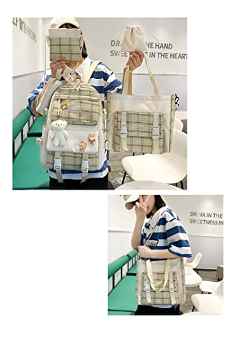 5Pcs Canvas Kawaii Backpack Combo Set with Cute Bear Pendant Pins Plaid Check Handle Shoulder Tote Daypack Bag Kit (Khaki)