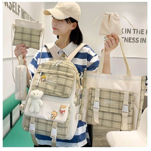 5Pcs Canvas Kawaii Backpack Combo Set with Cute Bear Pendant Pins Plaid Check Handle Shoulder Tote Daypack Bag Kit (Khaki)