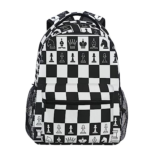 QUGRL Black White Chessboard School Backpack for Girls Boys with Pieces Large Bookbag Laptop Computer Bag Casual Hiking Travel Daypack Backpack Schoolbag for Teens College 16 Inch