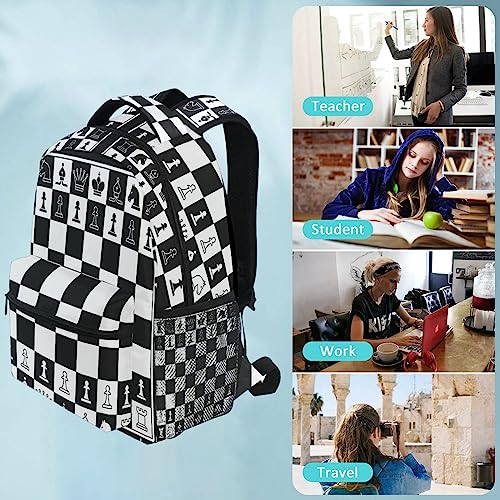 QUGRL Black White Chessboard School Backpack for Girls Boys with Pieces Large Bookbag Laptop Computer Bag Casual Hiking Travel Daypack Backpack Schoolbag for Teens College 16 Inch