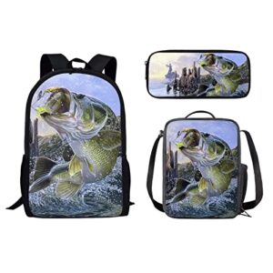 tomeusey bass fish backpack set, casual backpack with lunch bag pencil case, bookbag for camping travel school