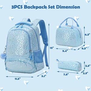 Kids Backpack Set for Girls, 3PCS Cute Soft Plush School Bookbag with Lunch Box Pencil Case Large Capacity Blue Kids Bag for Toddler Preschool Kindergarten Elementary Girls