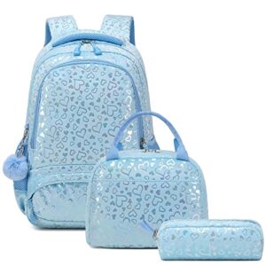 kids backpack set for girls, 3pcs cute soft plush school bookbag with lunch box pencil case large capacity blue kids bag for toddler preschool kindergarten elementary girls