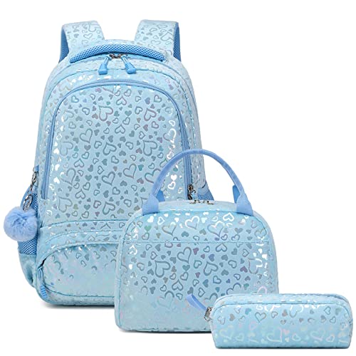 Kids Backpack Set for Girls, 3PCS Cute Soft Plush School Bookbag with Lunch Box Pencil Case Large Capacity Blue Kids Bag for Toddler Preschool Kindergarten Elementary Girls