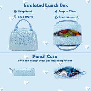 Kids Backpack Set for Girls, 3PCS Cute Soft Plush School Bookbag with Lunch Box Pencil Case Large Capacity Blue Kids Bag for Toddler Preschool Kindergarten Elementary Girls