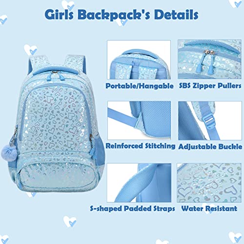 Kids Backpack Set for Girls, 3PCS Cute Soft Plush School Bookbag with Lunch Box Pencil Case Large Capacity Blue Kids Bag for Toddler Preschool Kindergarten Elementary Girls