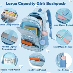 Kids Backpack Set for Girls, 3PCS Cute Soft Plush School Bookbag with Lunch Box Pencil Case Large Capacity Blue Kids Bag for Toddler Preschool Kindergarten Elementary Girls