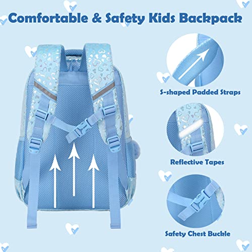 Kids Backpack Set for Girls, 3PCS Cute Soft Plush School Bookbag with Lunch Box Pencil Case Large Capacity Blue Kids Bag for Toddler Preschool Kindergarten Elementary Girls