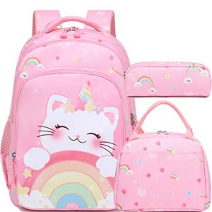 jumpopack unicorn backpack for girls school backpack for elementary girls backpack with lunch box lightweight water resistance school bag preschool kids bookbag,unicorn cat