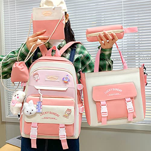 Nature Porter Kawaii Backpack 5Pcs Set with Kawaii Pendants and Pins Accessories Aesthetic Backpack Cute Laptop Backpack Travel Bag