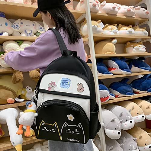 DAHUOJI 3PCS Kawaii Backpack Set 17in Cat Embroidery Backpacks Aesthetic School Bag Cute Bookbag with Lunch Bag,Pencil Box,Duck Pendant & Badge,Black