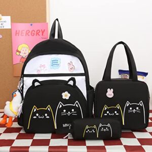 DAHUOJI 3PCS Kawaii Backpack Set 17in Cat Embroidery Backpacks Aesthetic School Bag Cute Bookbag with Lunch Bag,Pencil Box,Duck Pendant & Badge,Black