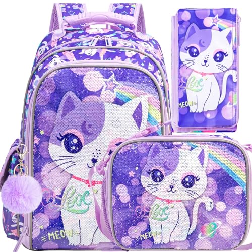 3PCS Cat Backpack for Girls, 16" Sequin Bookbag and Lunch Box for Kids, Water resistant Preschool Backpacks for Elementary Students