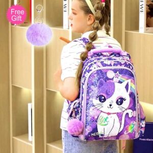 3PCS Cat Backpack for Girls, 16" Sequin Bookbag and Lunch Box for Kids, Water resistant Preschool Backpacks for Elementary Students