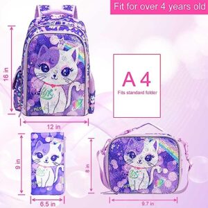 3PCS Cat Backpack for Girls, 16" Sequin Bookbag and Lunch Box for Kids, Water resistant Preschool Backpacks for Elementary Students