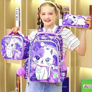 3PCS Cat Backpack for Girls, 16" Sequin Bookbag and Lunch Box for Kids, Water resistant Preschool Backpacks for Elementary Students