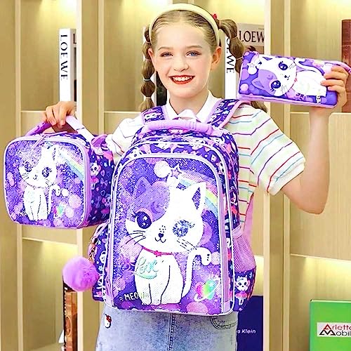 3PCS Cat Backpack for Girls, 16" Sequin Bookbag and Lunch Box for Kids, Water resistant Preschool Backpacks for Elementary Students