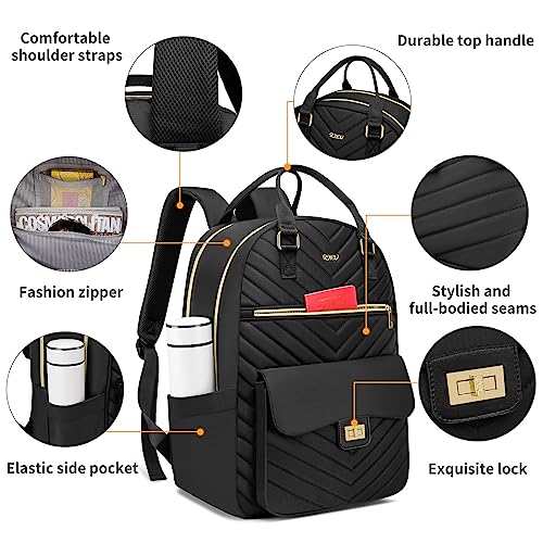 RJEU Bookbag for Women,Fashion Laptop Bag Tablet Backpack with USB Port for Work,School Backpack Aesthetic for Teen Girls College Student,Mochilas de Mujer,Black