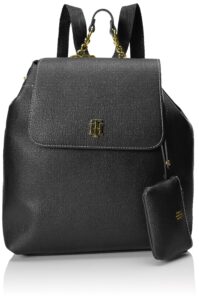 tommy hilfiger maxine ii flap backpack w/hangoff pebble pvc black one size