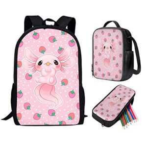 zpinxign pink strawberry backpack purse for teen girls axolotl backpack with lunch box pencil case kids school bag age 8-10 elementary middle school book bag