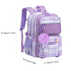 KEBEIXUAN Cute Backpack for School Girls, Multi-Pockets Kids Backpack Large Capacity Bookbag for Girls Age 6-12 (purple)