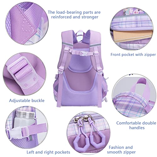 KEBEIXUAN Cute Backpack for School Girls, Multi-Pockets Kids Backpack Large Capacity Bookbag for Girls Age 6-12 (purple)