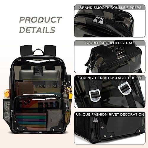 Caoroky knight Clear Backpack Heavy Duty Transparent Laptop Backpacks 15.6 Inch See Through TPU Travel Daypack Large College Bookbag for Women Men Teens Girls Boys students-Black