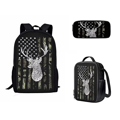 KEIAHUAN Kids School Bag American Flag Deer Hunting Camo Teen Girls Boys Toddler Bookbag Sturdy Backpack with Lunch Bag and Pencil Bag