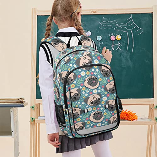 Glaphy Cute Pug Dog Floral Backpack School Bag Lightweight Laptop Backpack Student Travel Daypack with Reflective Stripes