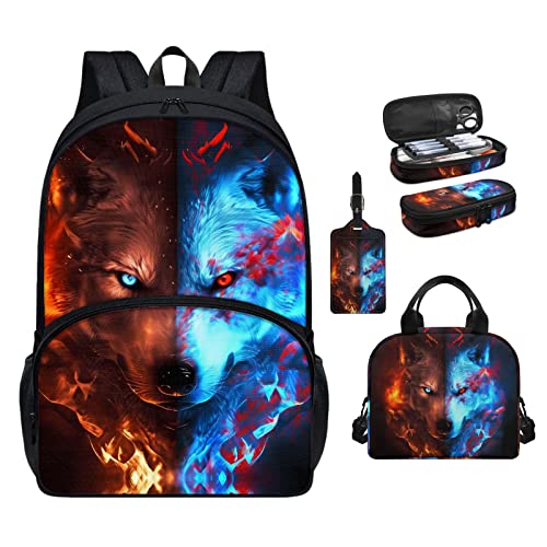 Wolf Backpack for Boys and Girls School Bookbag with Lunch Box Multi-Functional 17 Inch Laptop Backpack Daypack 4 Piece Travel Bag