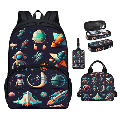 Space Backpack for School Girls Boys Rocket Astronauts Bookbag with Lunch Box 17 Inch Large Laptop Backpack 4 pcs Set