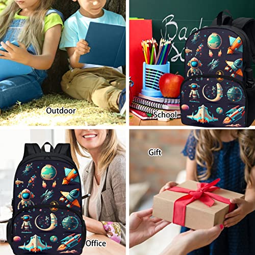 Space Backpack for School Girls Boys Rocket Astronauts Bookbag with Lunch Box 17 Inch Large Laptop Backpack 4 pcs Set