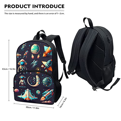 Space Backpack for School Girls Boys Rocket Astronauts Bookbag with Lunch Box 17 Inch Large Laptop Backpack 4 pcs Set