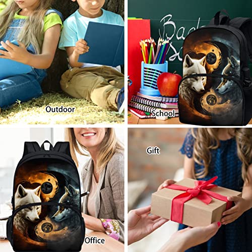 Backpack for School Girls and Boys Wolf Bookbag with Lunch Box & Pencil Case & Name Tag 4 Piece 17 Inch Lapop Backpack