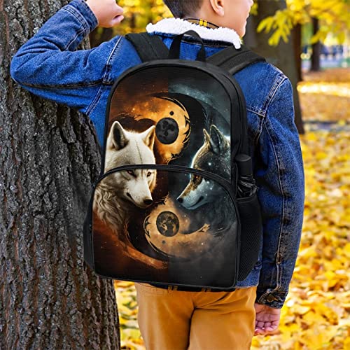 Backpack for School Girls and Boys Wolf Bookbag with Lunch Box & Pencil Case & Name Tag 4 Piece 17 Inch Lapop Backpack