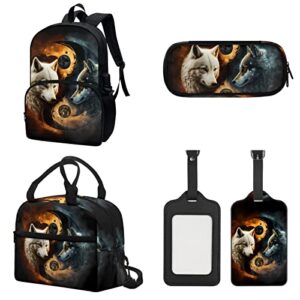 Backpack for School Girls and Boys Wolf Bookbag with Lunch Box & Pencil Case & Name Tag 4 Piece 17 Inch Lapop Backpack