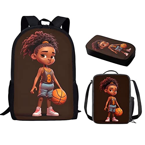 ZOUTAIRONG African Black Girls School Backpack with Lunch Box Pencil Case Set,American Girl Basketball Book Bags Afro Girl Lunch Bag Elementary Student Schoolbag