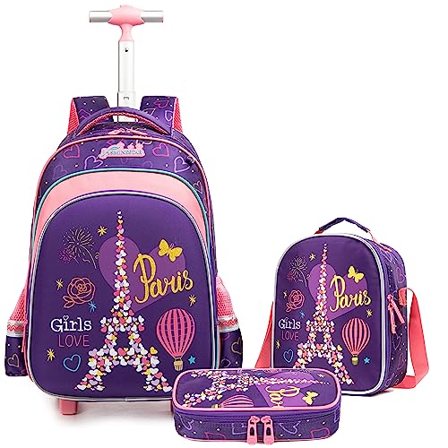 Egchescebo Kids Pylons Rolling Backpack for Girls 17" Suitcases Trolley Backpacks with Wheels 3PCS Luggage Backpacks Wheels with Lunch Box Pencil Case for Elementary Girl Travel School Bag Purple