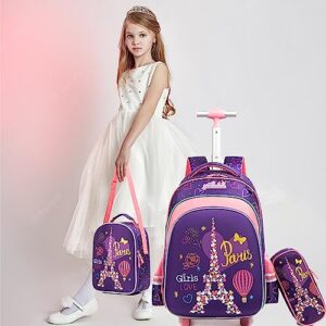 Egchescebo Kids Pylons Rolling Backpack for Girls 17" Suitcases Trolley Backpacks with Wheels 3PCS Luggage Backpacks Wheels with Lunch Box Pencil Case for Elementary Girl Travel School Bag Purple