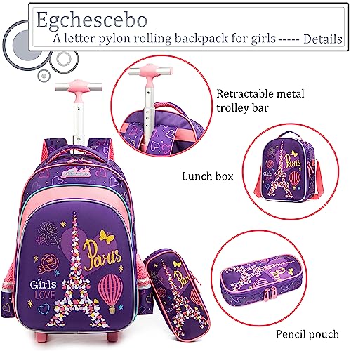 Egchescebo Kids Pylons Rolling Backpack for Girls 17" Suitcases Trolley Backpacks with Wheels 3PCS Luggage Backpacks Wheels with Lunch Box Pencil Case for Elementary Girl Travel School Bag Purple