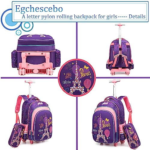 Egchescebo Kids Pylons Rolling Backpack for Girls 17" Suitcases Trolley Backpacks with Wheels 3PCS Luggage Backpacks Wheels with Lunch Box Pencil Case for Elementary Girl Travel School Bag Purple