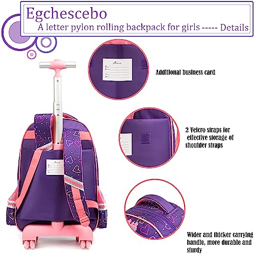 Egchescebo Kids Pylons Rolling Backpack for Girls 17" Suitcases Trolley Backpacks with Wheels 3PCS Luggage Backpacks Wheels with Lunch Box Pencil Case for Elementary Girl Travel School Bag Purple