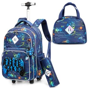 jsmniai kids rolling backpack for boys backpack with wheels trolley school bags trip luggage with lunch box for elementary boys travel suitcase