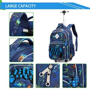 JSMNIAI Kids Rolling Backpack for Boys Backpack with Wheels Trolley School Bags Trip Luggage with Lunch Box for Elementary Boys Travel Suitcase