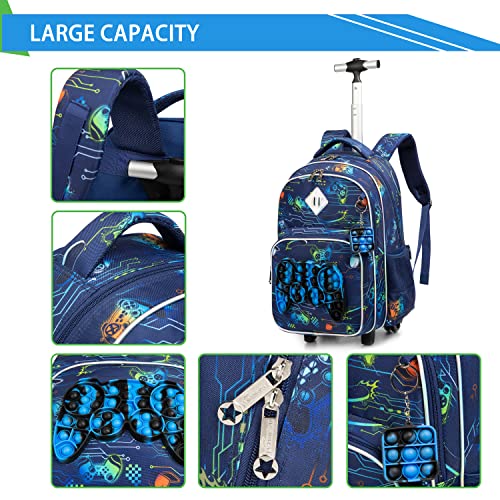 JSMNIAI Kids Rolling Backpack for Boys Backpack with Wheels Trolley School Bags Trip Luggage with Lunch Box for Elementary Boys Travel Suitcase