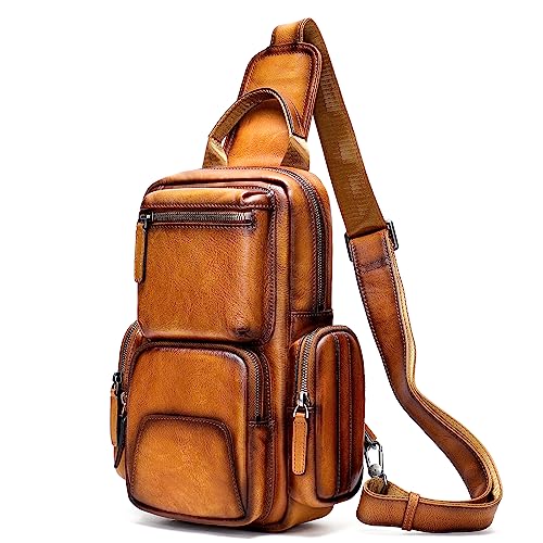 NIUCUNZH Genuine Leather Sling Bag Vintage Handmade Crossbody Bags Shoulder Backpack Hiking Daypack Travel Pack Brown