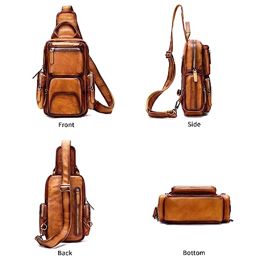 NIUCUNZH Genuine Leather Sling Bag Vintage Handmade Crossbody Bags Shoulder Backpack Hiking Daypack Travel Pack Brown