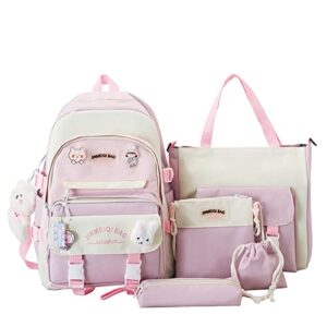 tudere kawaii backpack set of 5 pieces aesthetic backpack for school teenage girls' daily necessities with charm and pins, pencil case, tote bag, small bag.